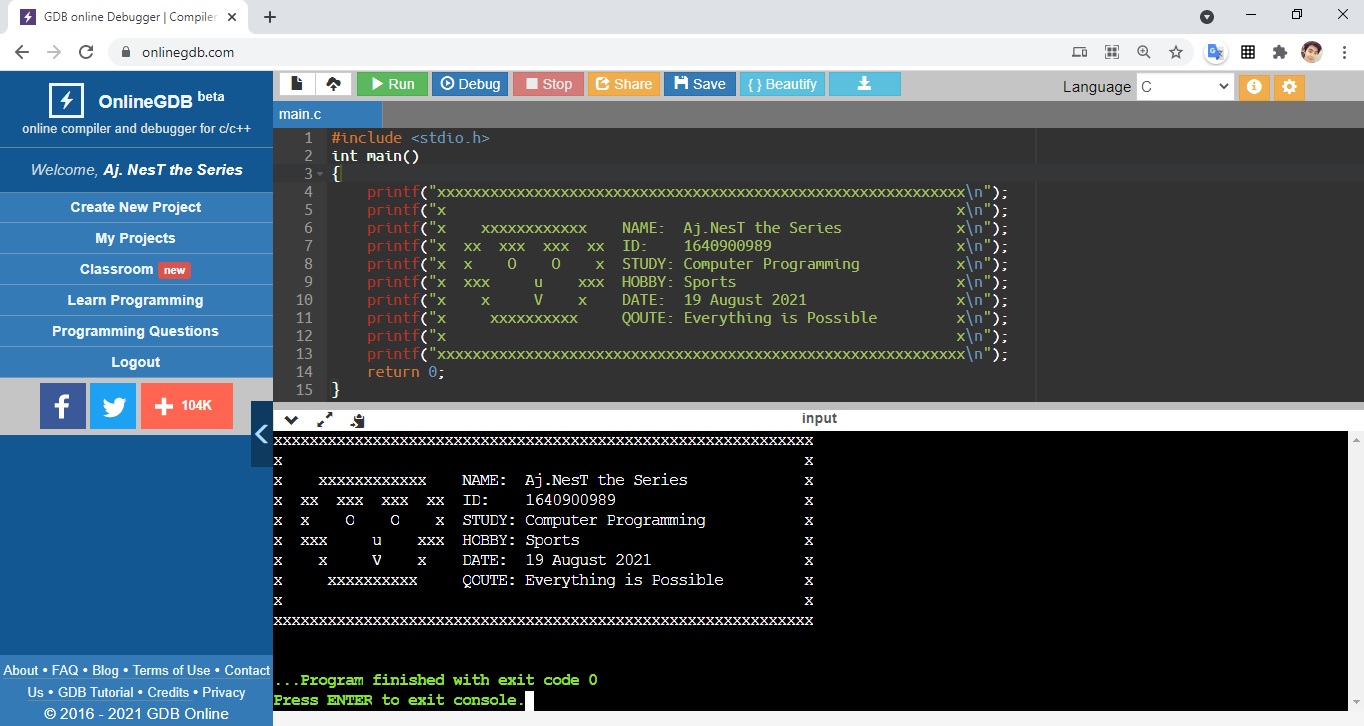Name Card Project With C Programming Using OnlineGDB Dev C IDE Name Card Project With C Programming Using OnlineGDB Dev C IDE